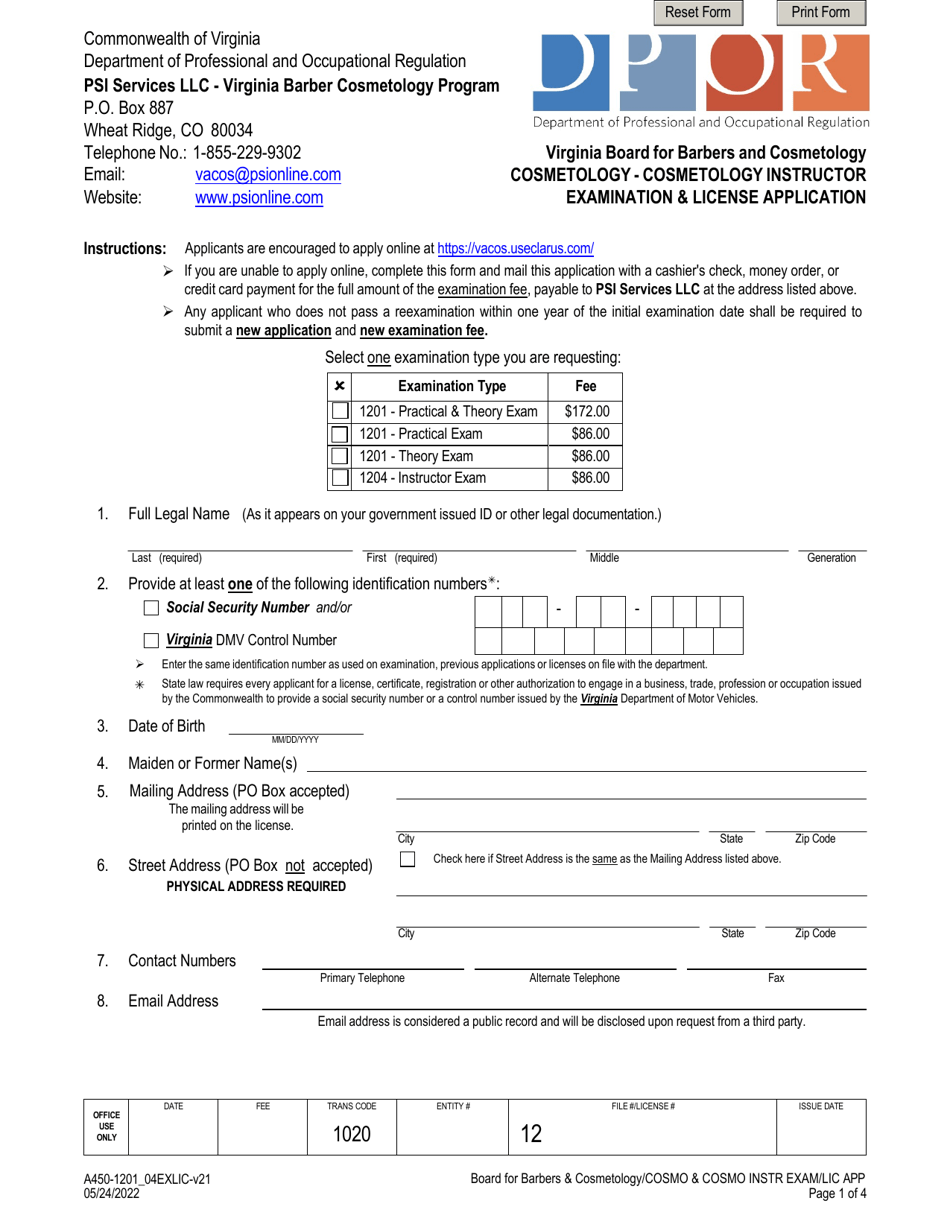 Form A450-1201_04EXLIC Download Fillable PDF or Fill Online Cosmetology ...