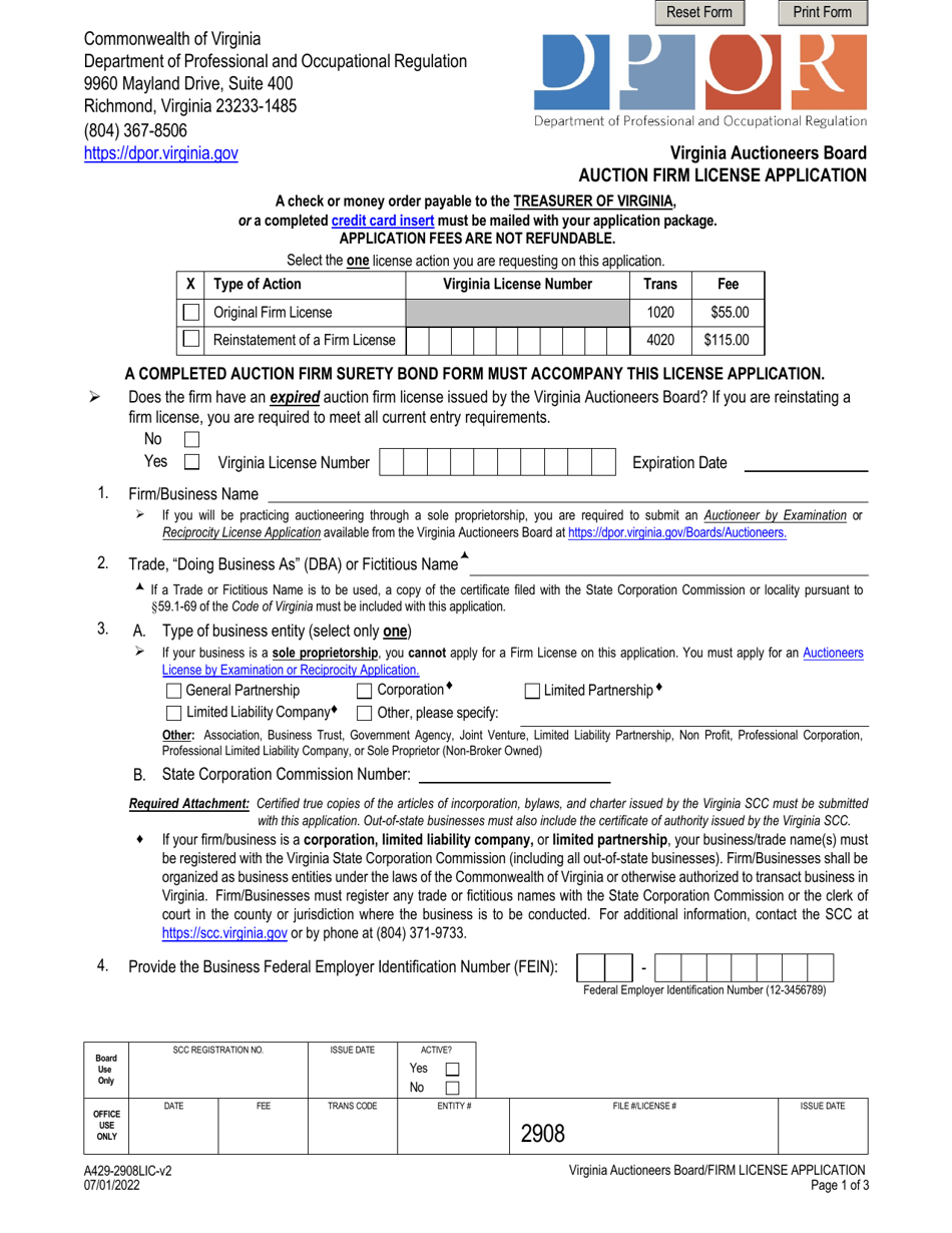 Form A429-2908LIC - Fill Out, Sign Online and Download Fillable PDF ...