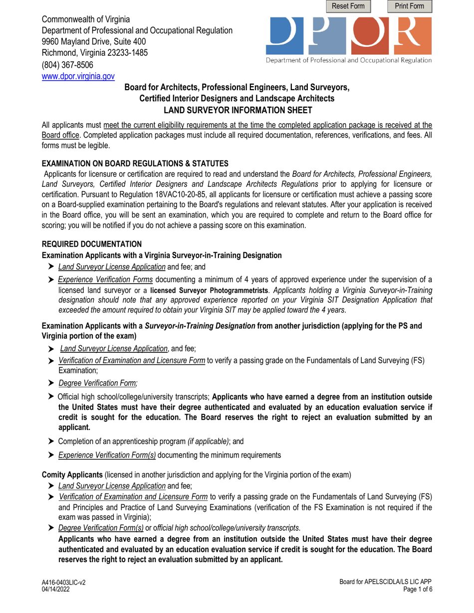 Form A416-0403LIC - Fill Out, Sign Online and Download Fillable PDF, Virginia | Templateroller