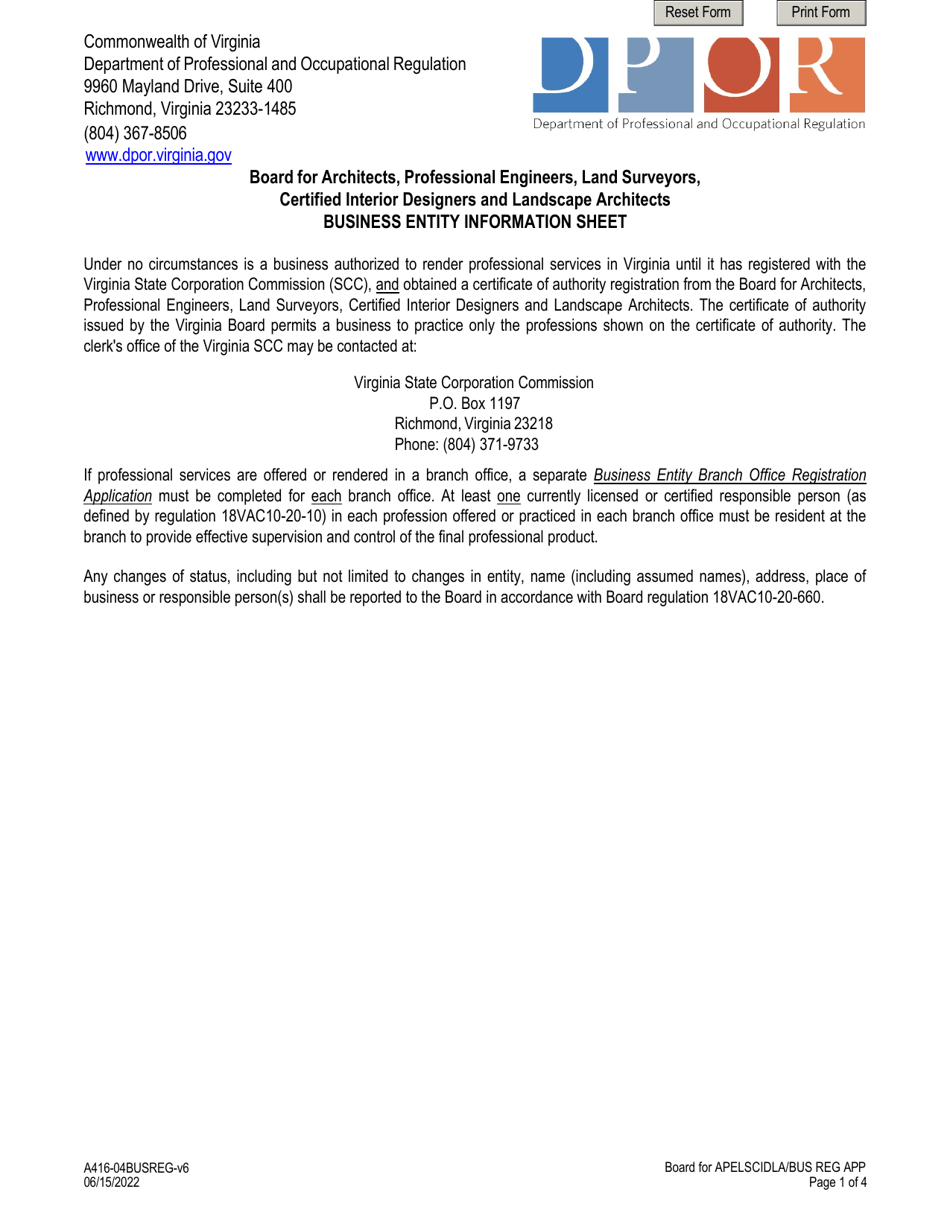 Form A416-04BUSREG Download Fillable PDF or Fill Online Business Entity ...