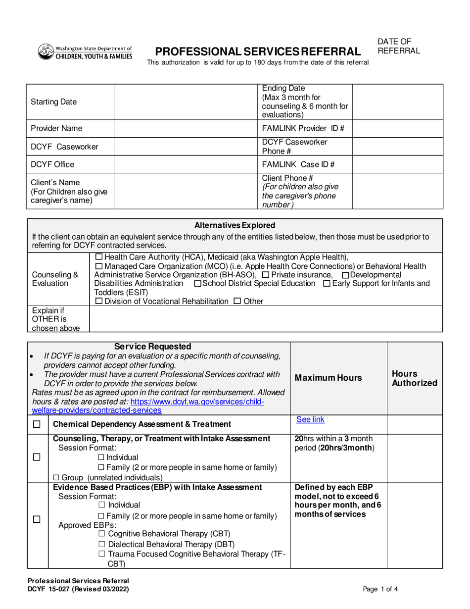 DCYF Form 15-027 - Fill Out, Sign Online and Download Fillable PDF, Washington | Templateroller