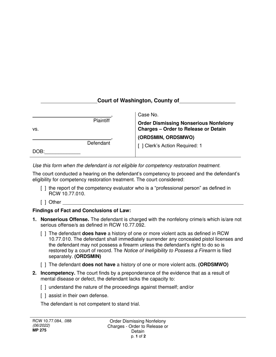 Form MP275 Download Printable PDF or Fill Online Order Dismissing ...