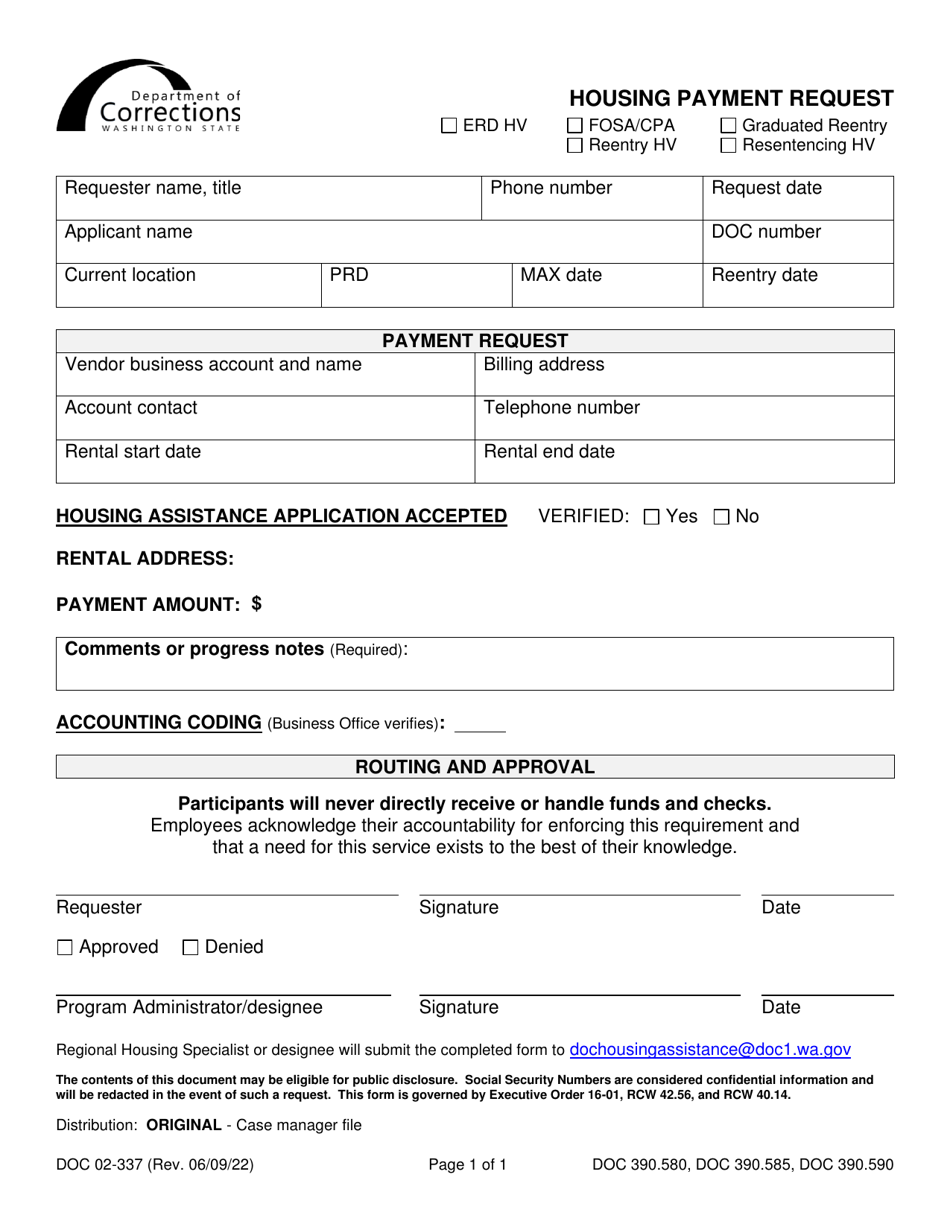 Form DOC02-337 Download Printable PDF or Fill Online Housing Payment Request, Washington 2020 ...
