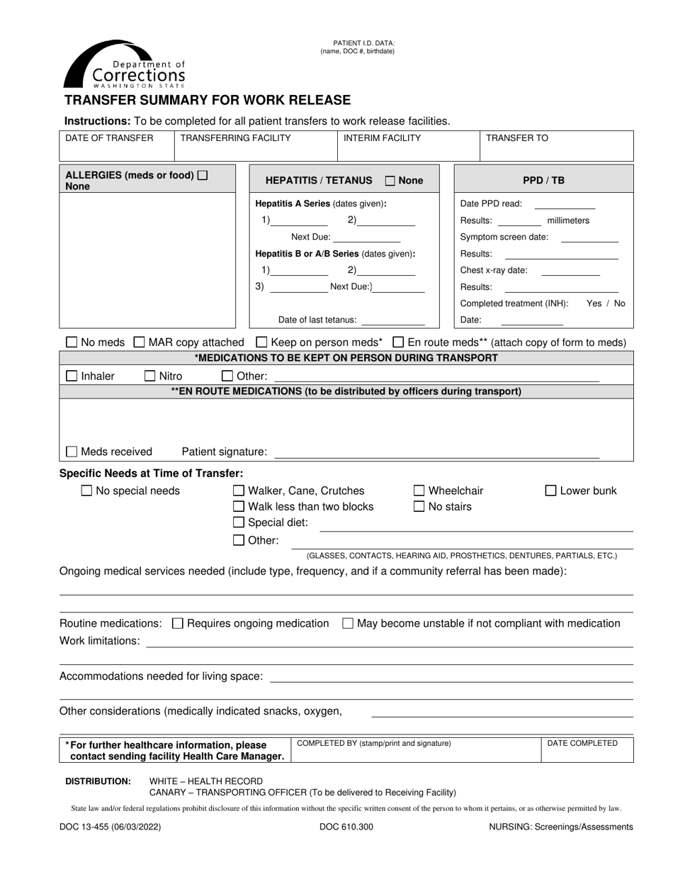 Form DOC13-455 Download Printable PDF or Fill Online Transfer Summary for Work Release ...