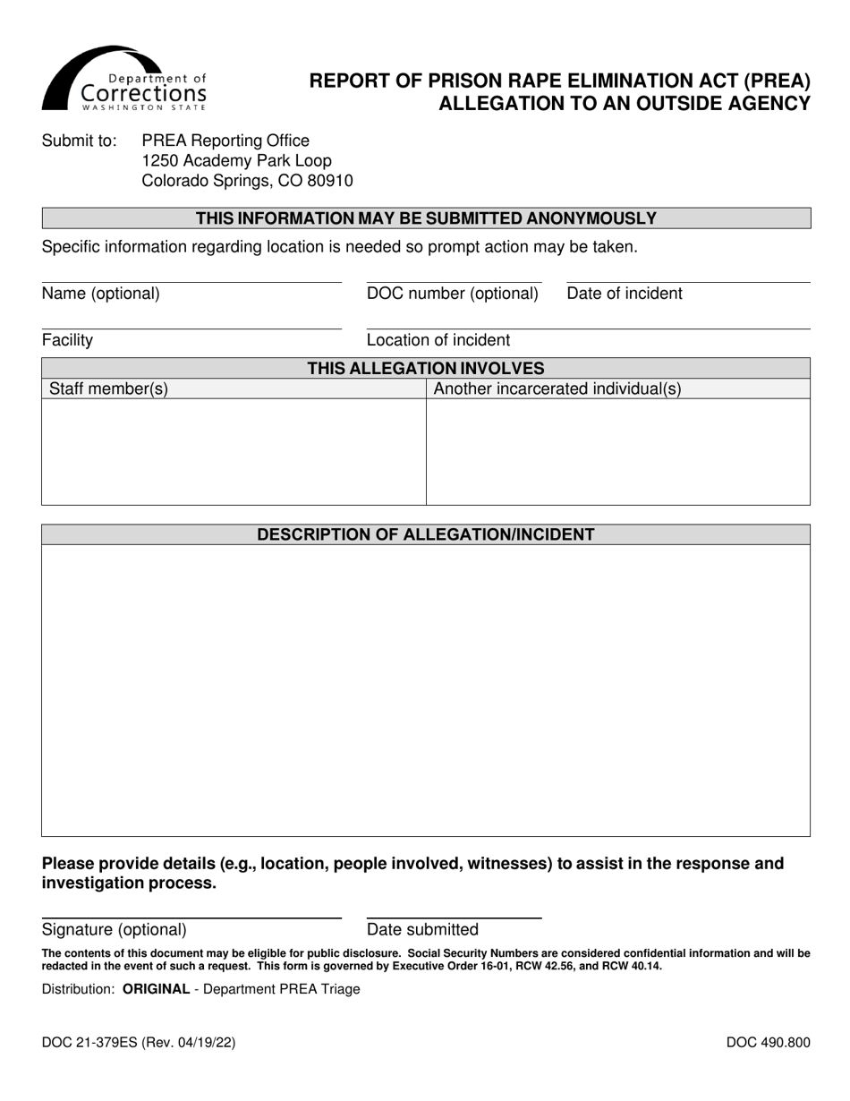 Form DOC21-379ES - Fill Out, Sign Online and Download Printable PDF ...