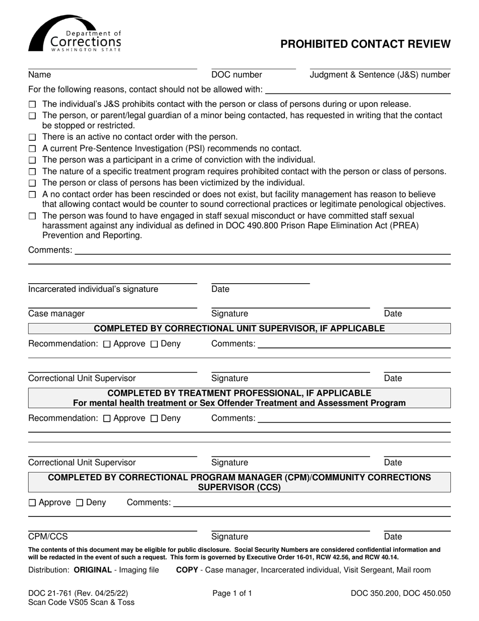 Form DOC21-761 Download Printable PDF or Fill Online Prohibited Contact ...