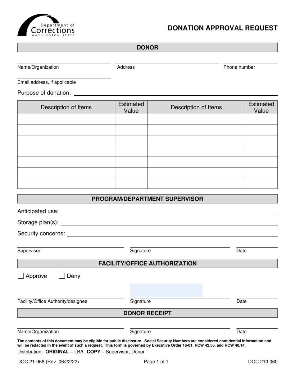 Form DOC21-966 Download Printable PDF or Fill Online Donation Approval ...