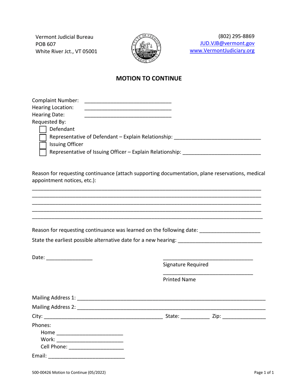 Form 500-00426 Download Fillable PDF or Fill Online Motion to Continue ...