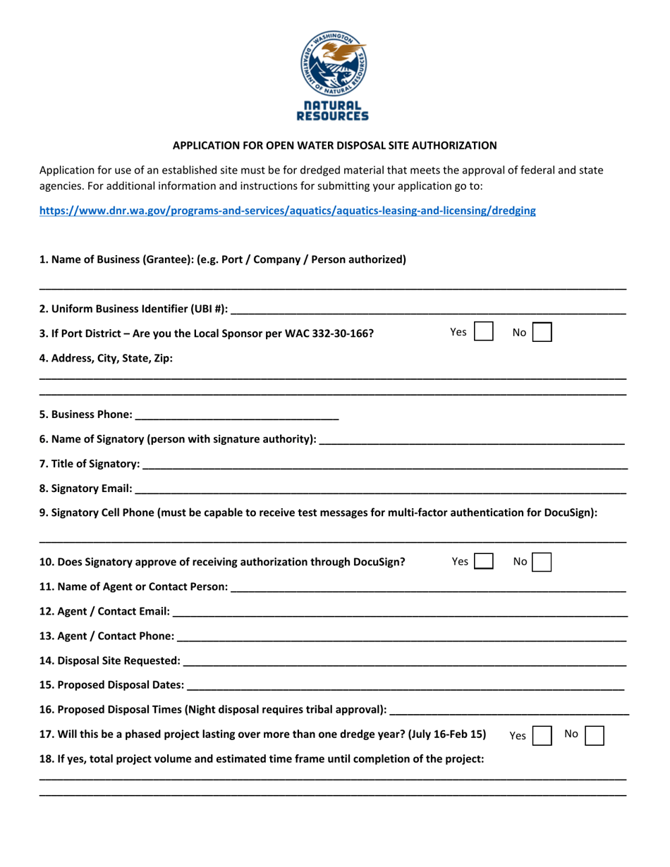 Washington Application for Open Water Disposal Site Authorization ...