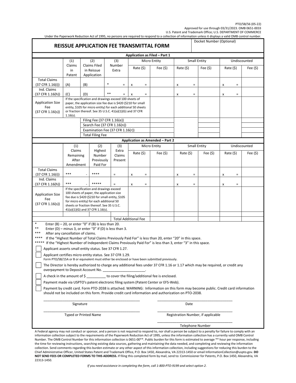 Form PTO/SB/56 Download Fillable PDF or Fill Online Reissue Application ...