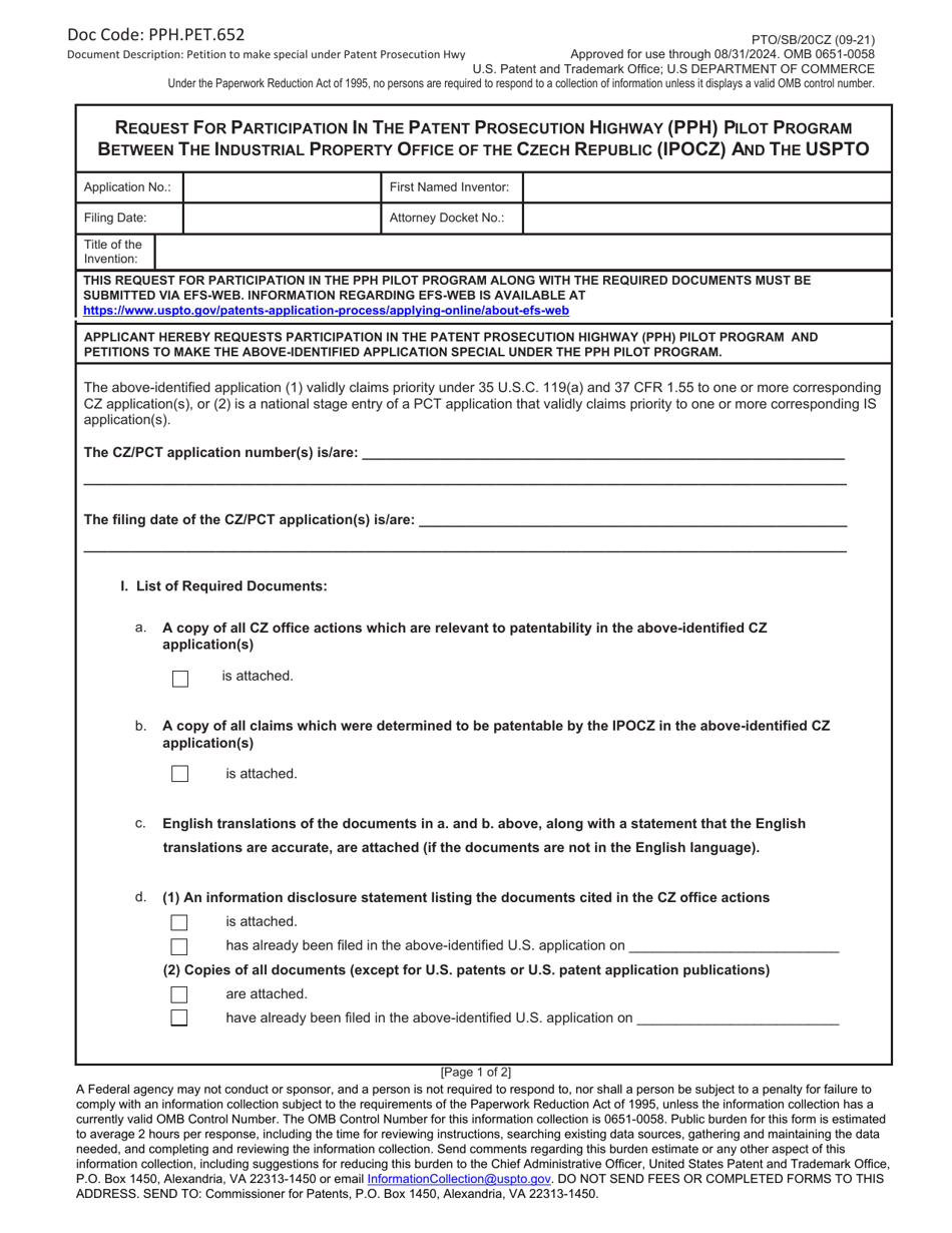 Form PTO/SB/20CZ - Fill Out, Sign Online and Download Fillable PDF ...