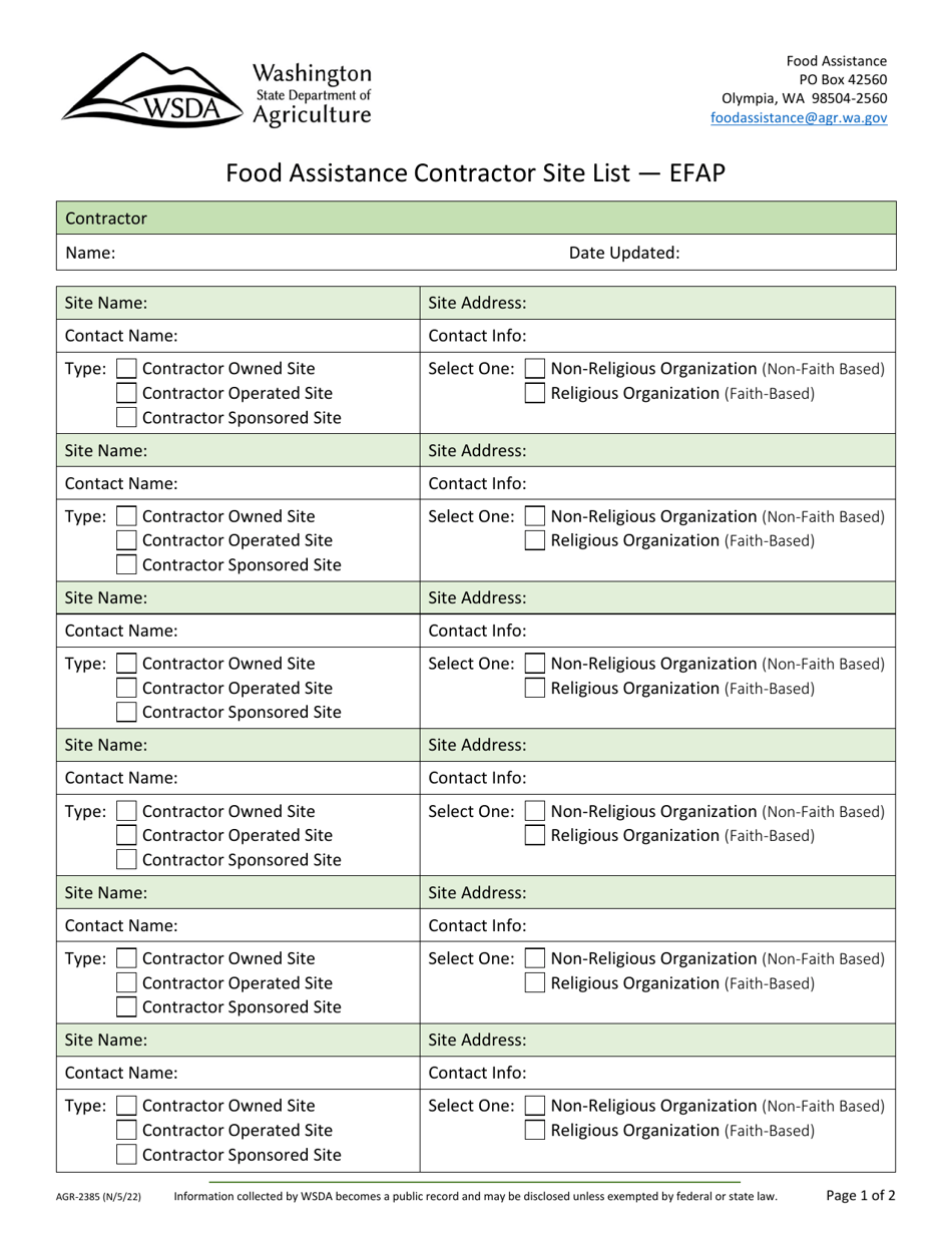 Form AGR-2385 - Fill Out, Sign Online and Download Fillable PDF, Washington | Templateroller