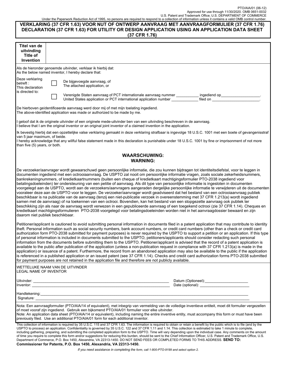 Form PTO/AIA/01 - Fill Out, Sign Online and Download Fillable PDF ...