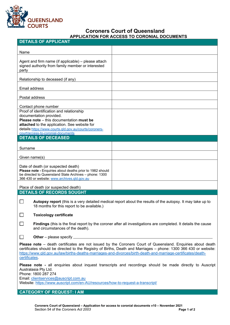 Queensland Australia Application for Access to Coronial Documents ...