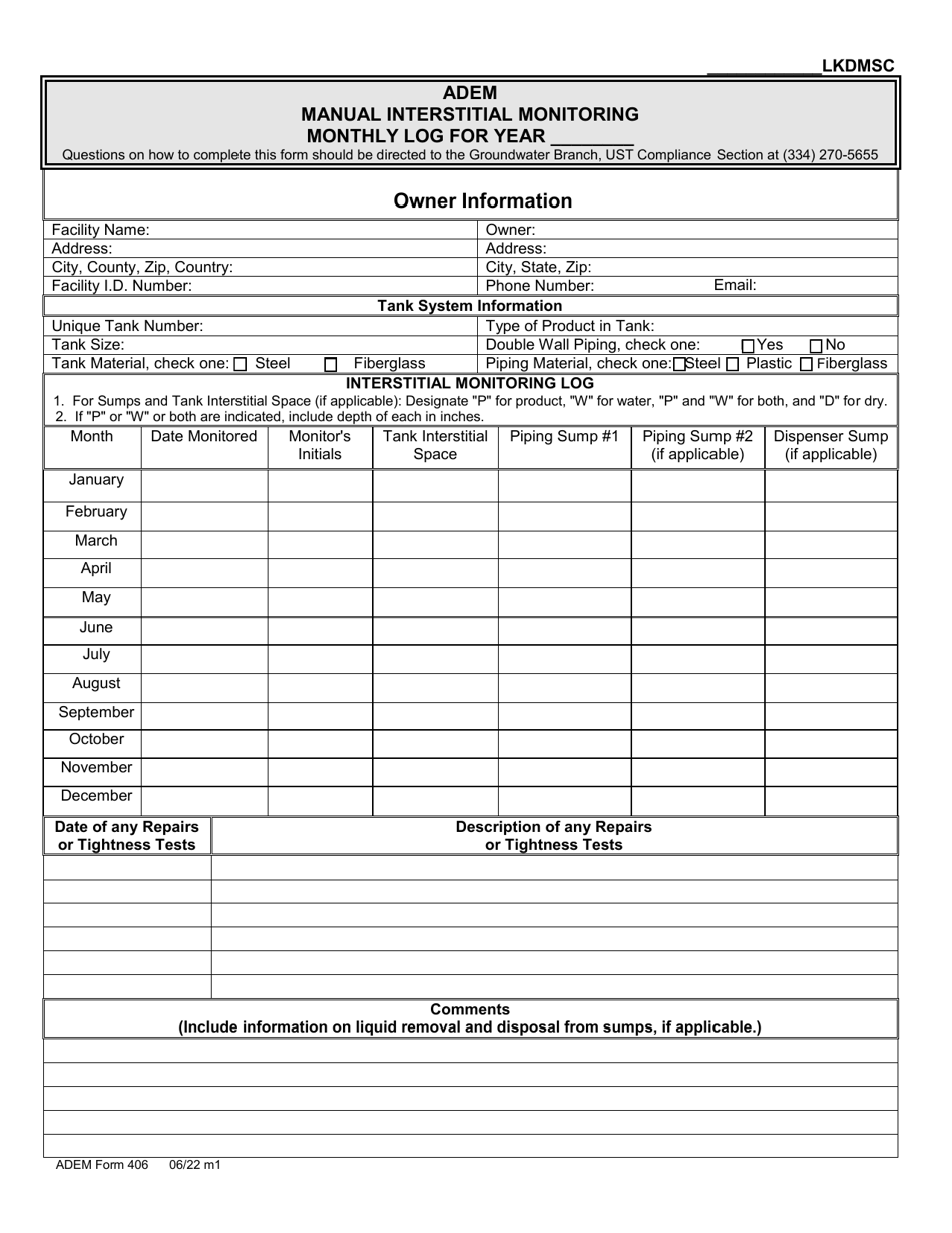 ADEM Form 406 Download Fillable PDF or Fill Online Manual Interstitial ...