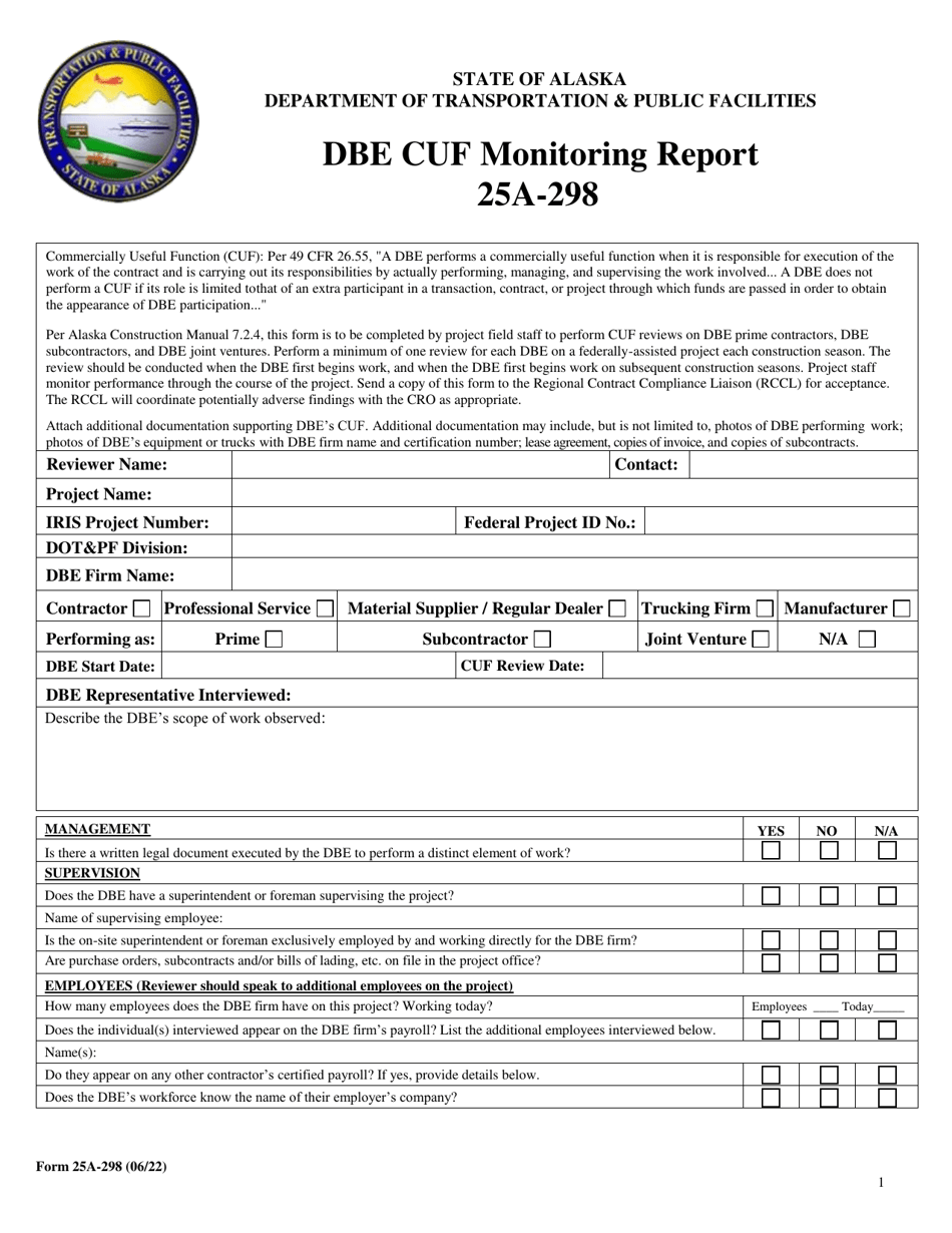 Form 25A-298 Download Fillable PDF or Fill Online Dbe Cuf Monitoring ...