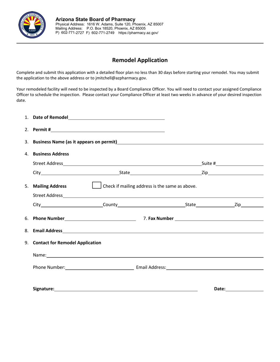 Arizona Remodel Application - Fill Out, Sign Online and Download PDF ...