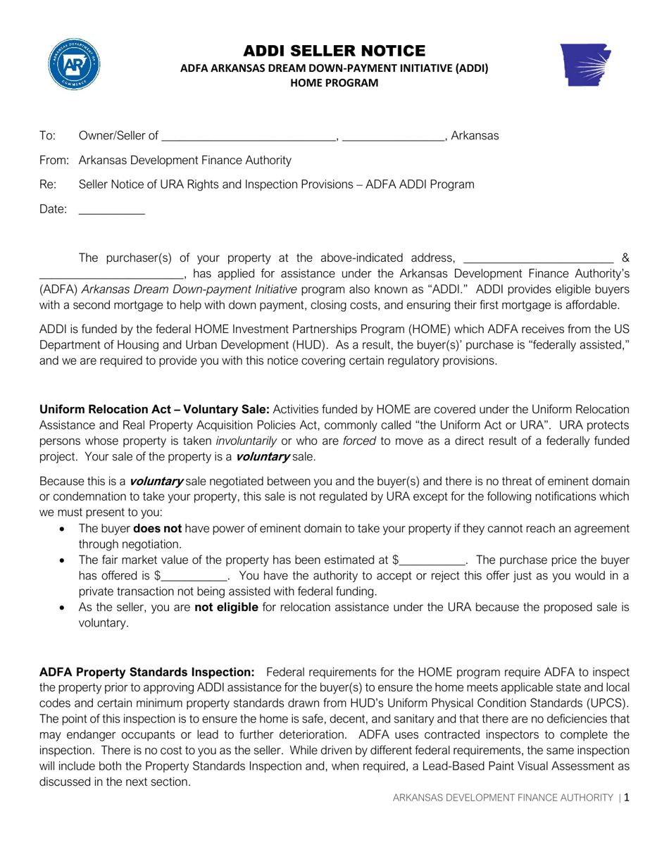 Arkansas Addi Seller Notice - Adfa Arkansas Dream Down-Payment ...