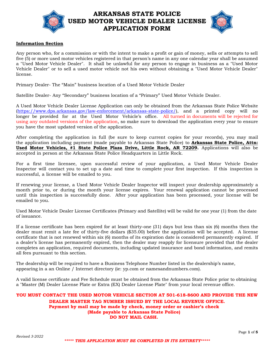 Arkansas Used Motor Vehicle Dealer License Application Form - Fill Out ...