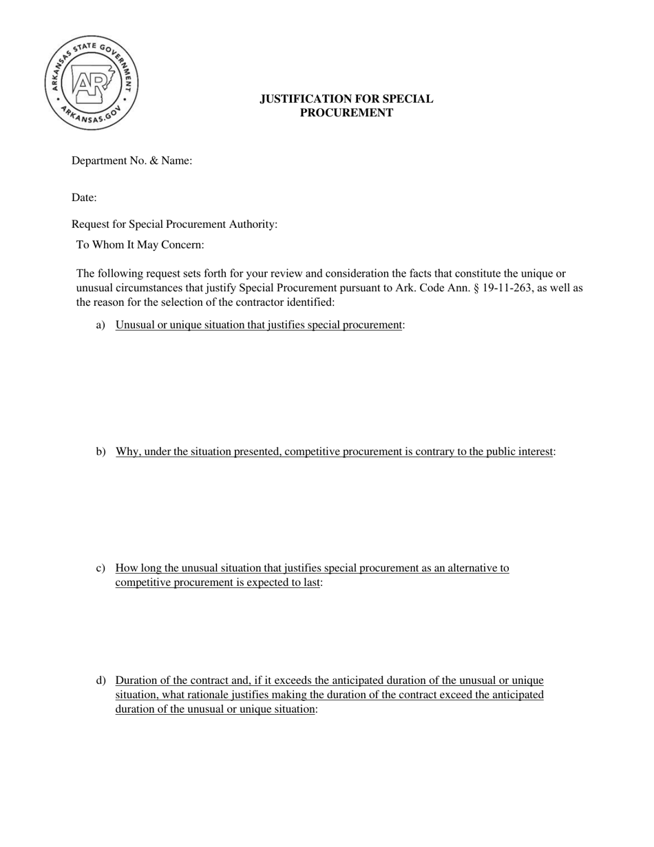 Arkansas Justification for Special Procurement - Fill Out, Sign Online and Download PDF ...