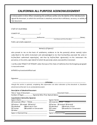 California All Purpose Acknowledgment Form Download Printable PDF | Templateroller