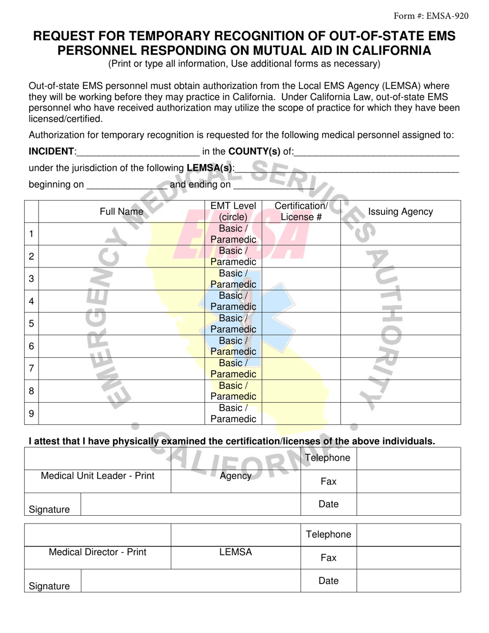 Form EMSA-920 - Fill Out, Sign Online and Download Fillable PDF ...