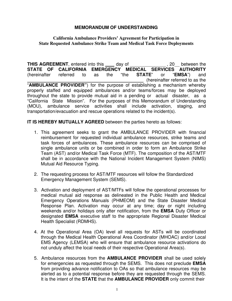 California Ambulance Strike Time Memorandum of Understanding - Fill Out ...