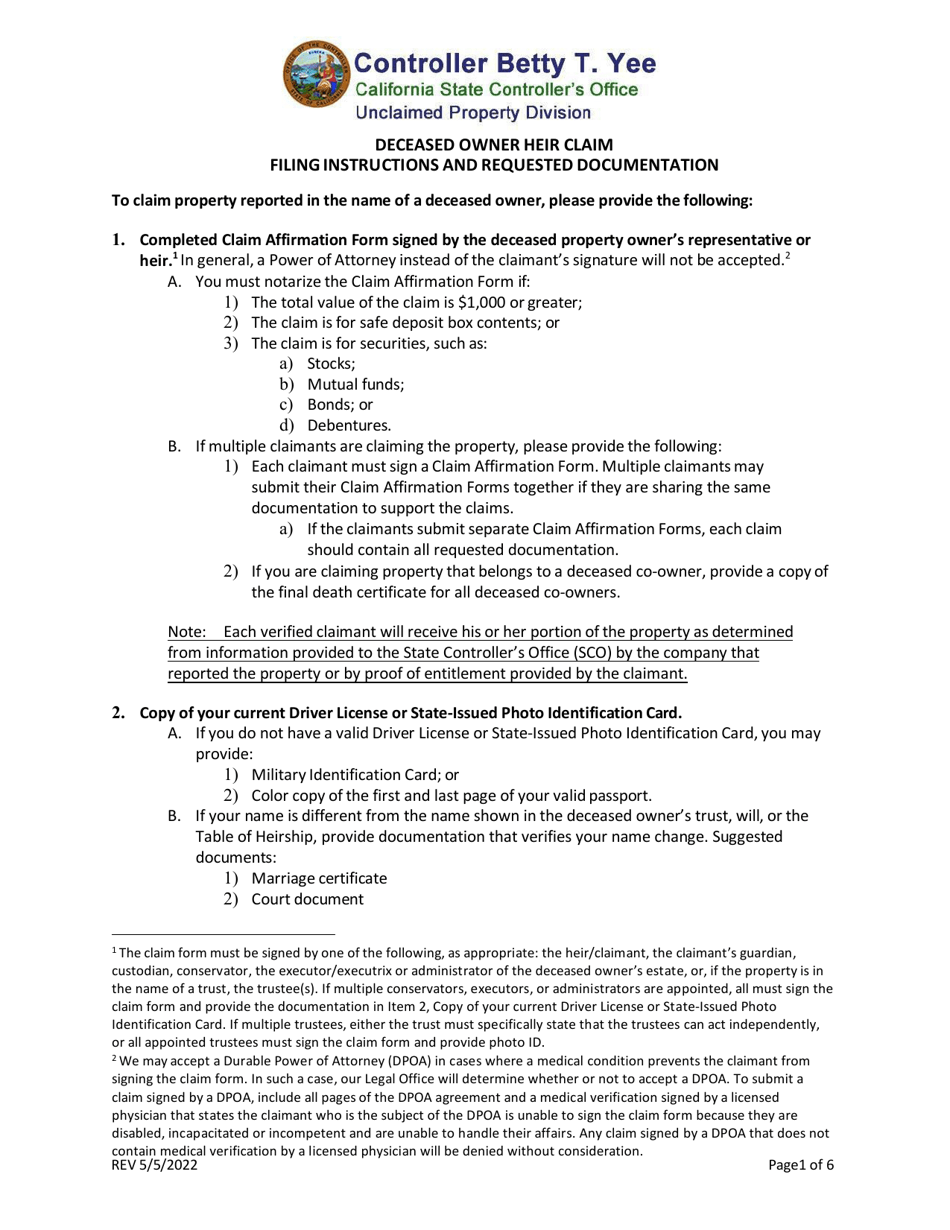 California Deceased Owner Heir Claim Filing Instructions and Requested ...