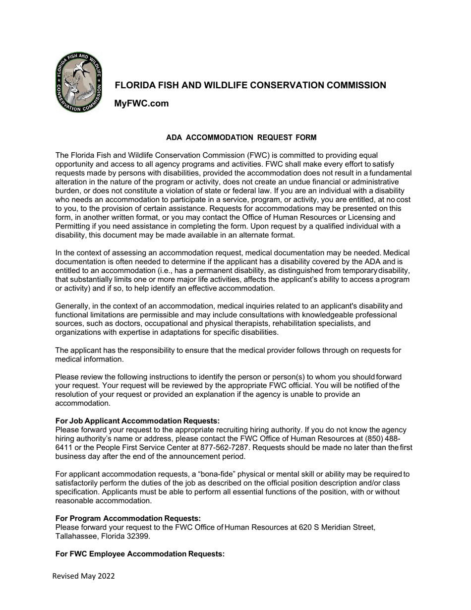 Florida Ada Accommodation Request Form Download Printable PDF ...