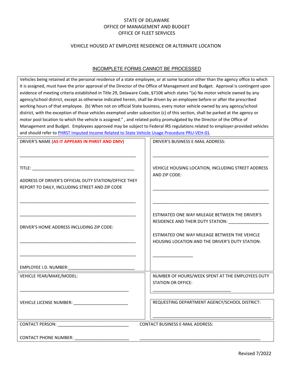 Delaware Vehicle Housed at Employee Residence or Alternate Location ...