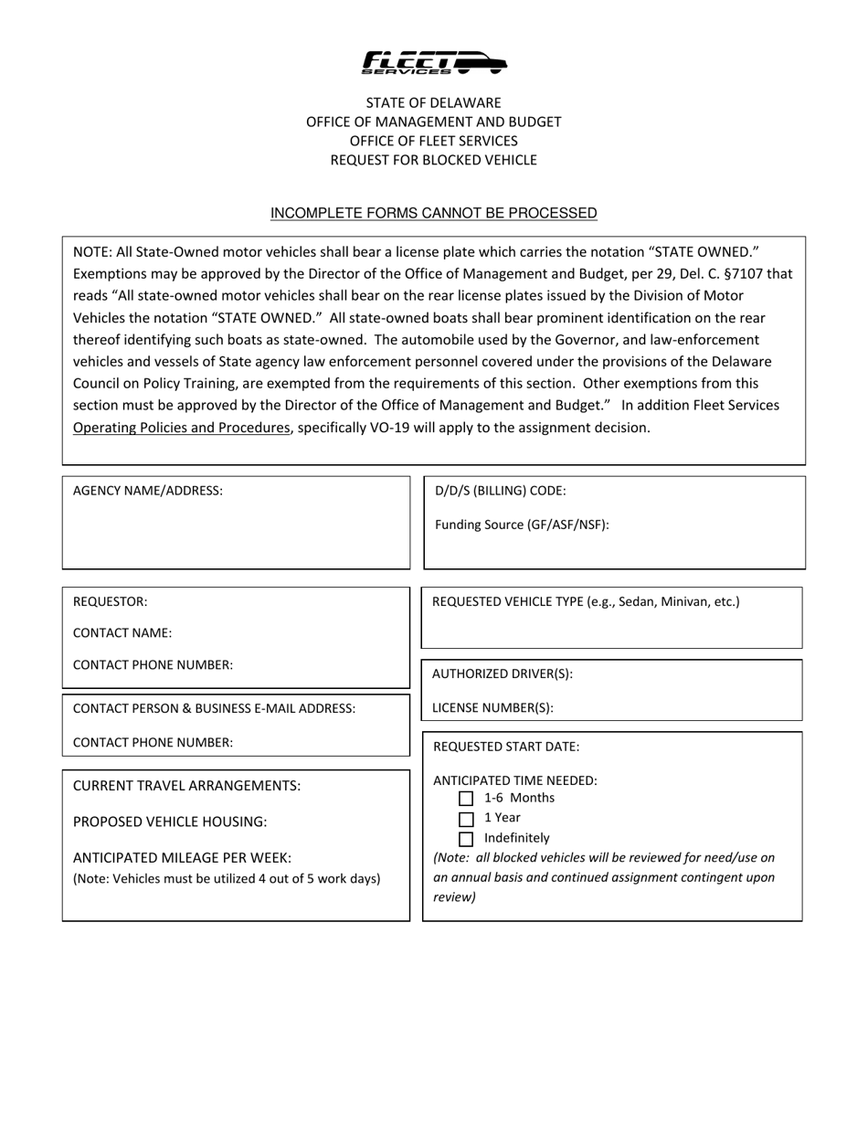 Delaware Request for Blocked Vehicle - Fill Out, Sign Online and ...