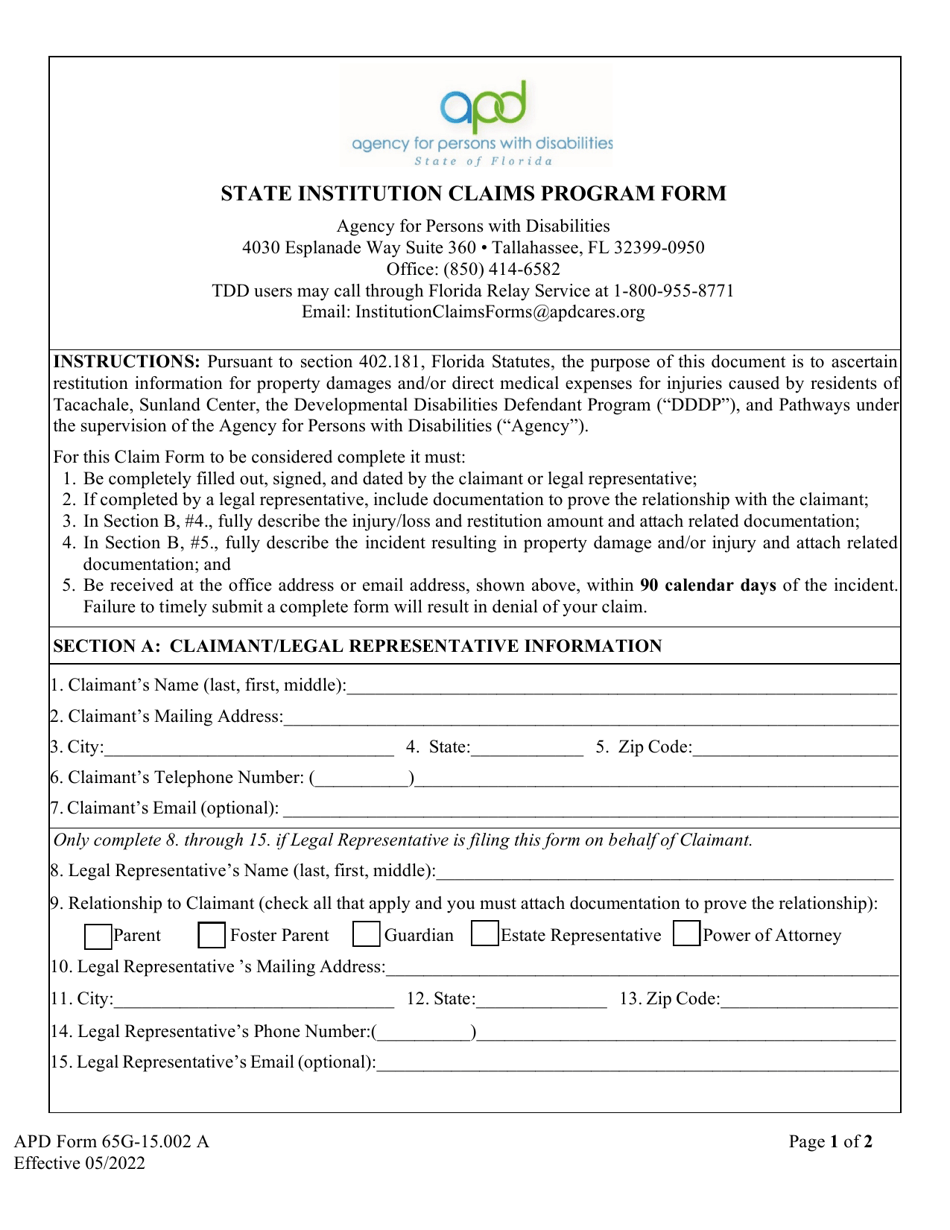 APD Form 65G-15.002 A - Fill Out, Sign Online and Download Fillable PDF ...