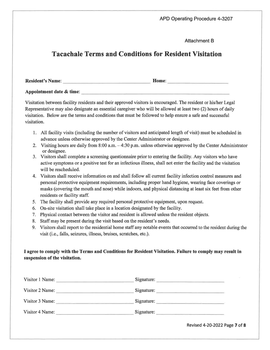 Florida Tacachale Terms and Conditions for Resident Visitation - Fill ...
