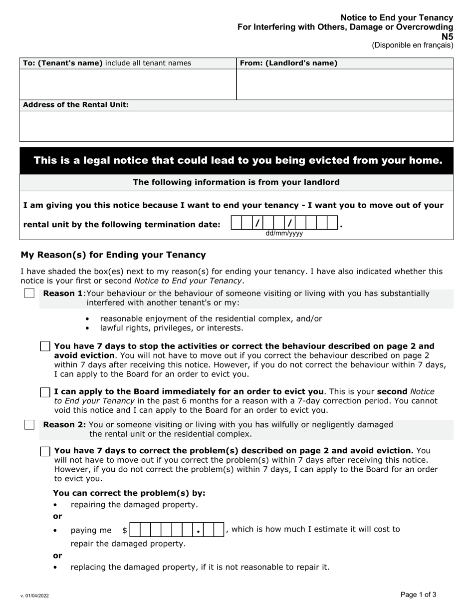 Form N5 Download Fillable PDF or Fill Online Notice to End Your Tenancy ...