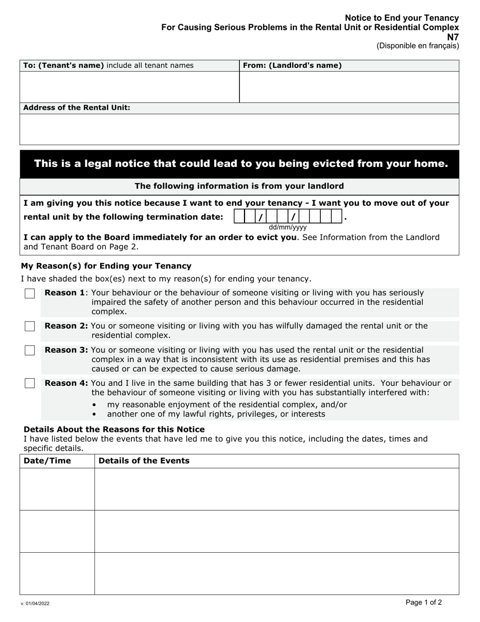 Form N7 Download Fillable PDF or Fill Online Notice to End Your Tenancy ...