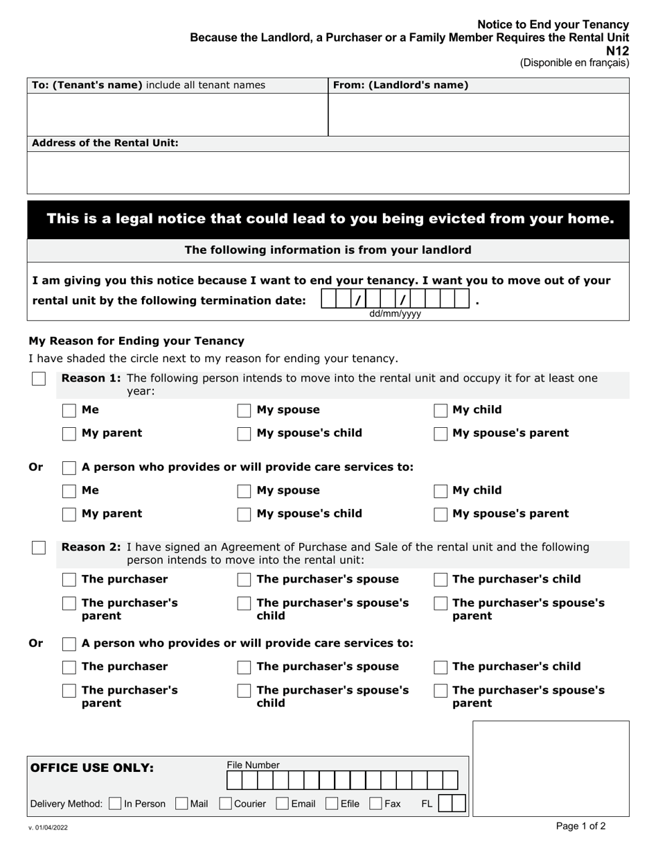 Form N12 Download Fillable PDF or Fill Online Notice to End Your ...