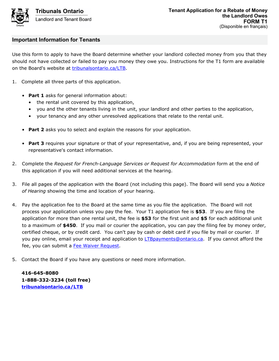 Form T1 Download Fillable PDF or Fill Online Tenant Application for a ...