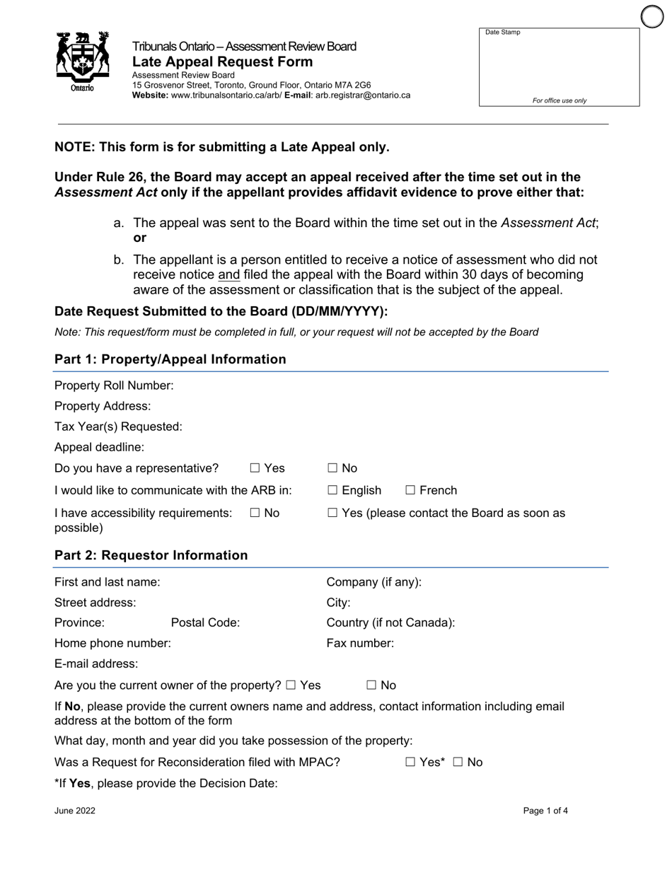 Ontario Canada Late Appeal Request Form - Fill Out, Sign Online and ...