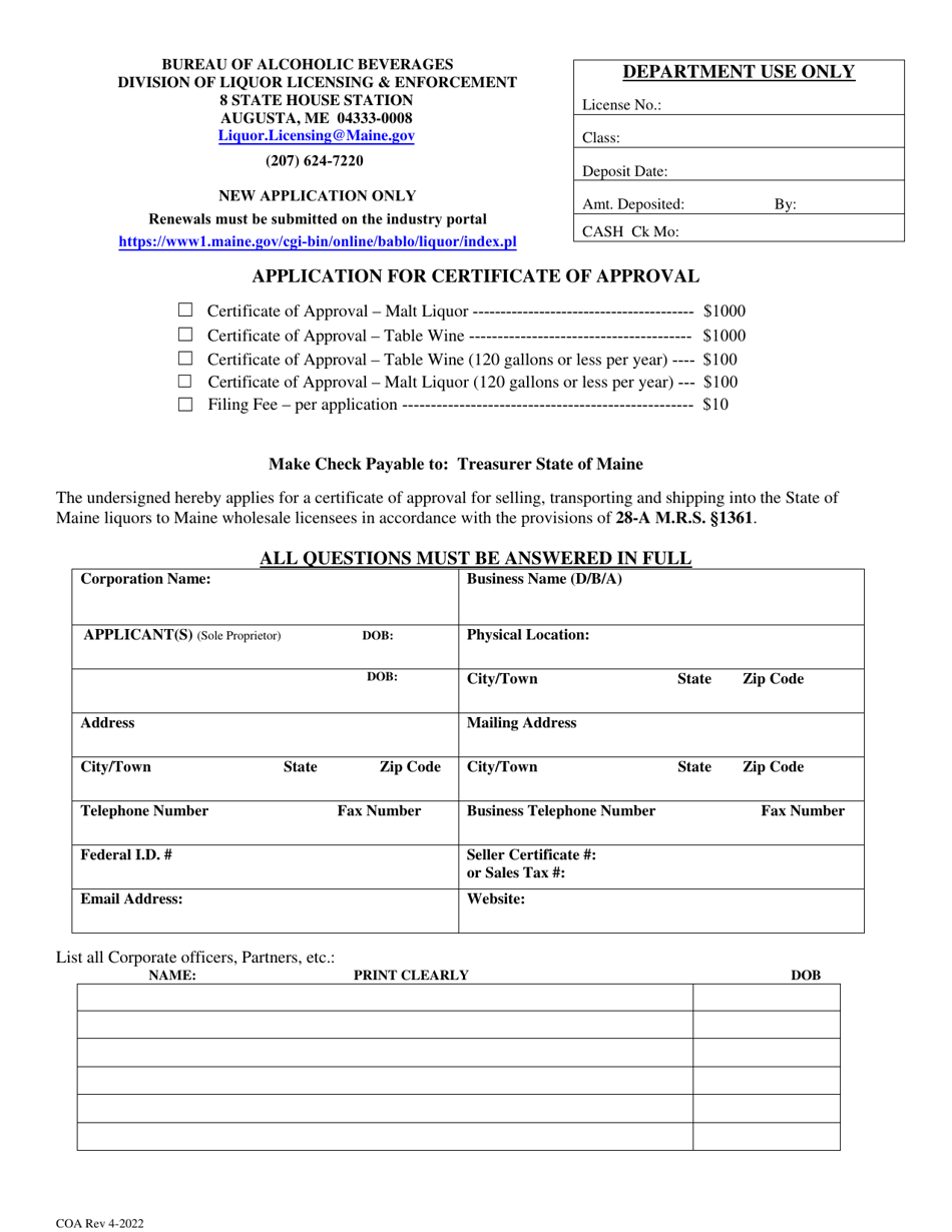 Maine Application for Certificate of Approval Download Fillable PDF | Templateroller