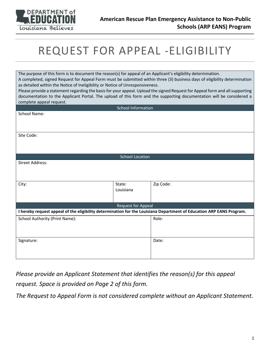 Louisiana Request for Appeal - Eligibility - American Rescue Plan ...
