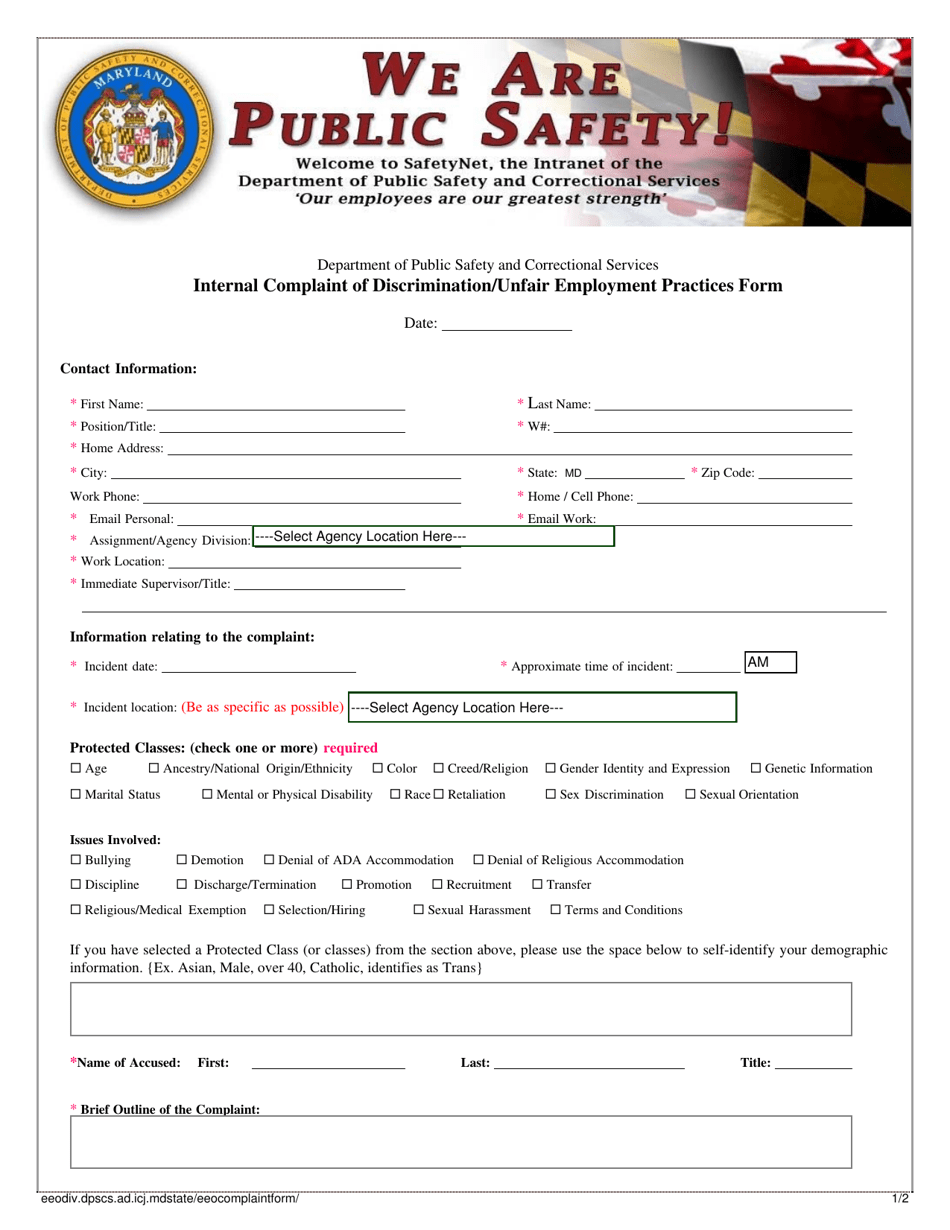 Maryland Internal Complaint of Discrimination/Unfair Employment ...