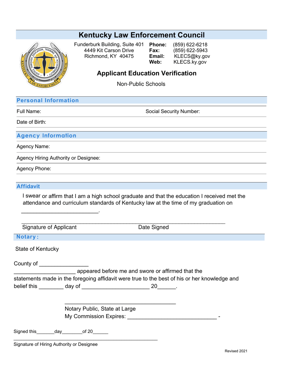 Kentucky Applicant Education Verification Download Fillable PDF ...