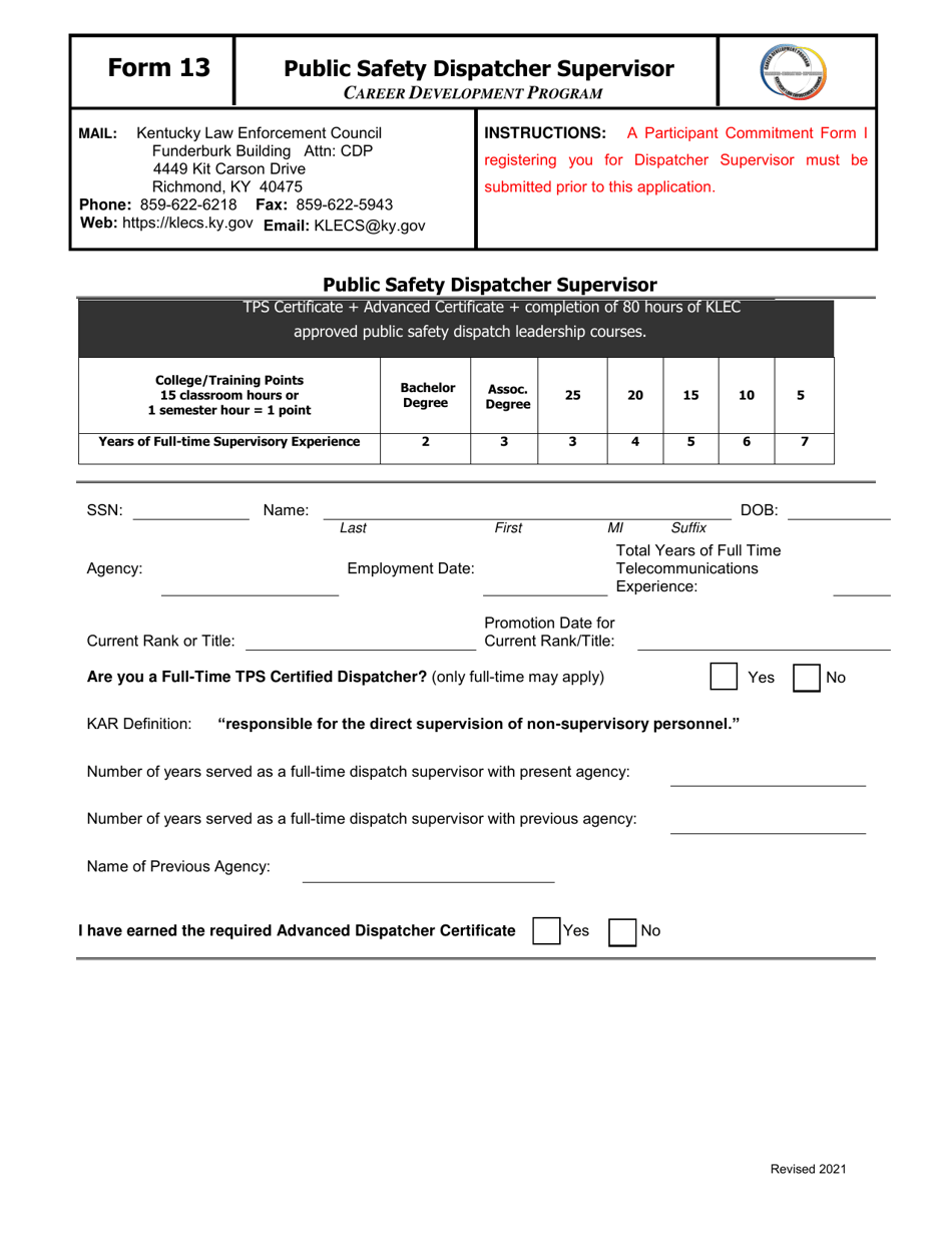 Form 13 Download Fillable PDF or Fill Online Public Safety Dispatcher ...