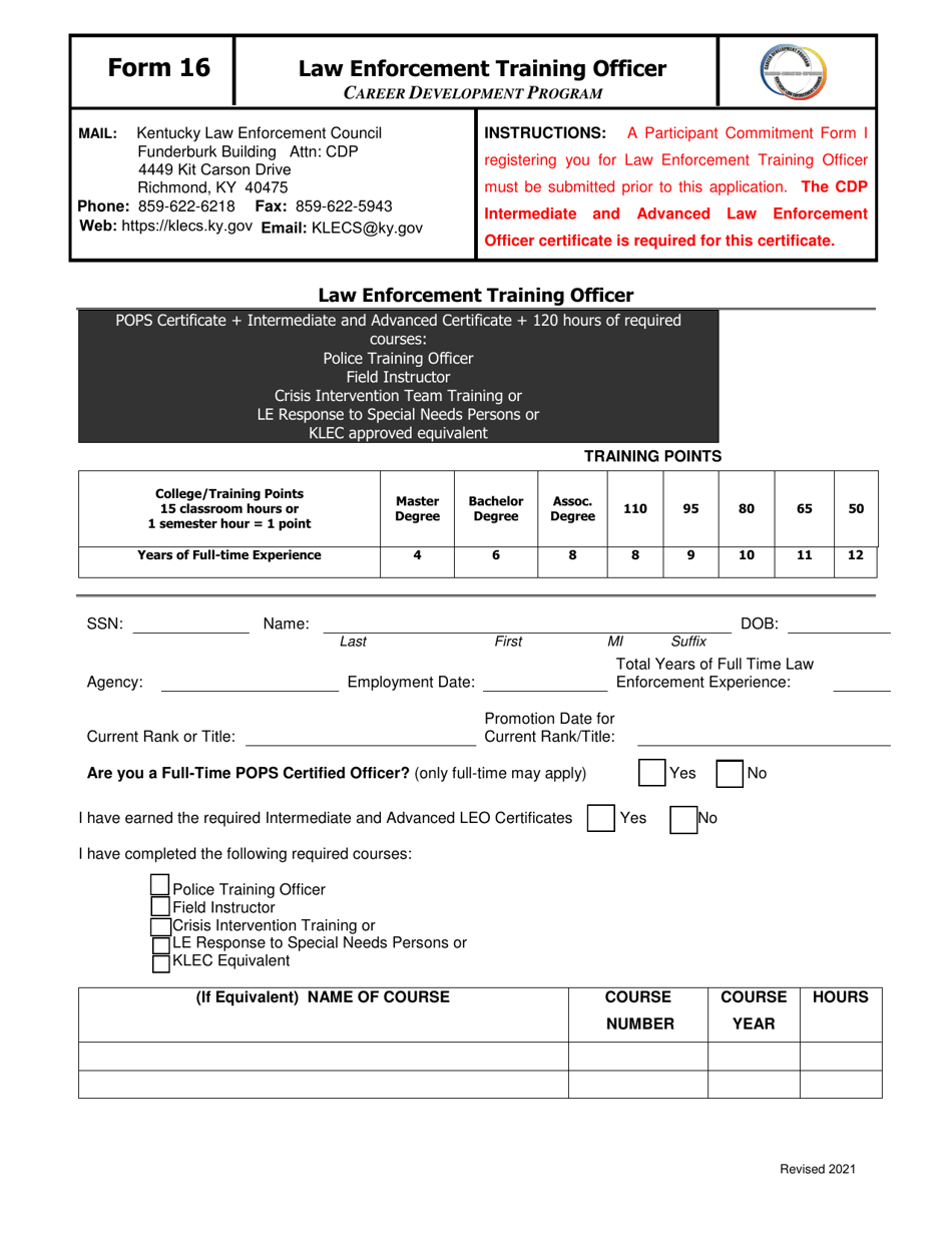 Form 16 Download Fillable PDF or Fill Online Law Enforcement Training ...