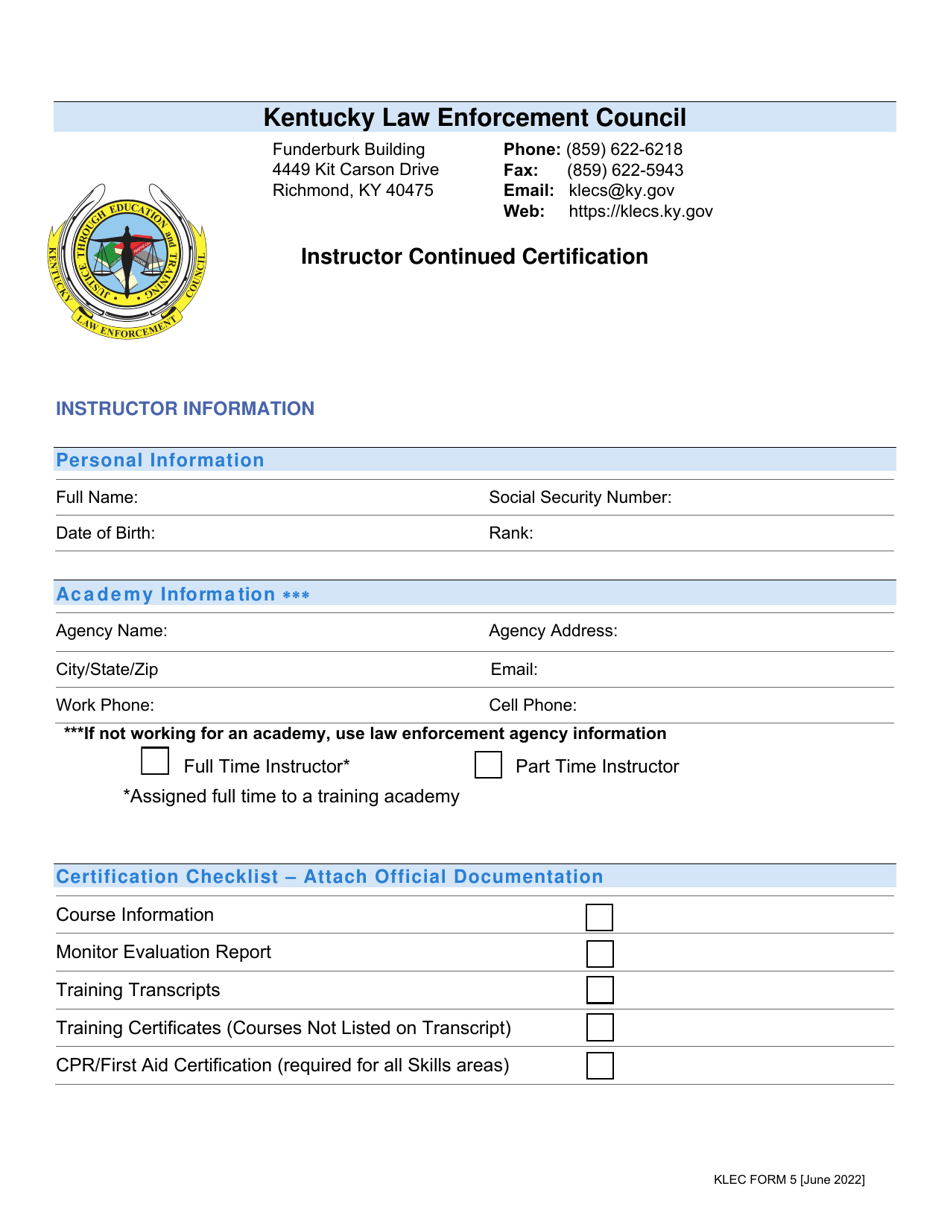 KLEC Form 5 Download Fillable PDF or Fill Online Instructor Continued ...