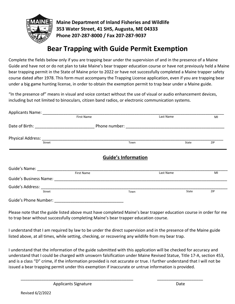 Maine Bear Trapping With Guide Permit Exemption - Fill Out, Sign Online ...