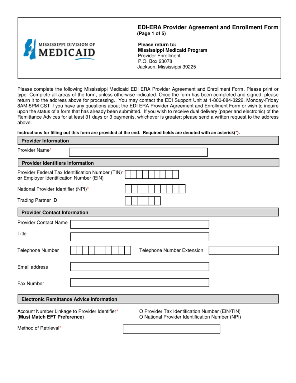 Mississippi Edi-Era Provider Agreement and Enrollment Form - Fill Out ...