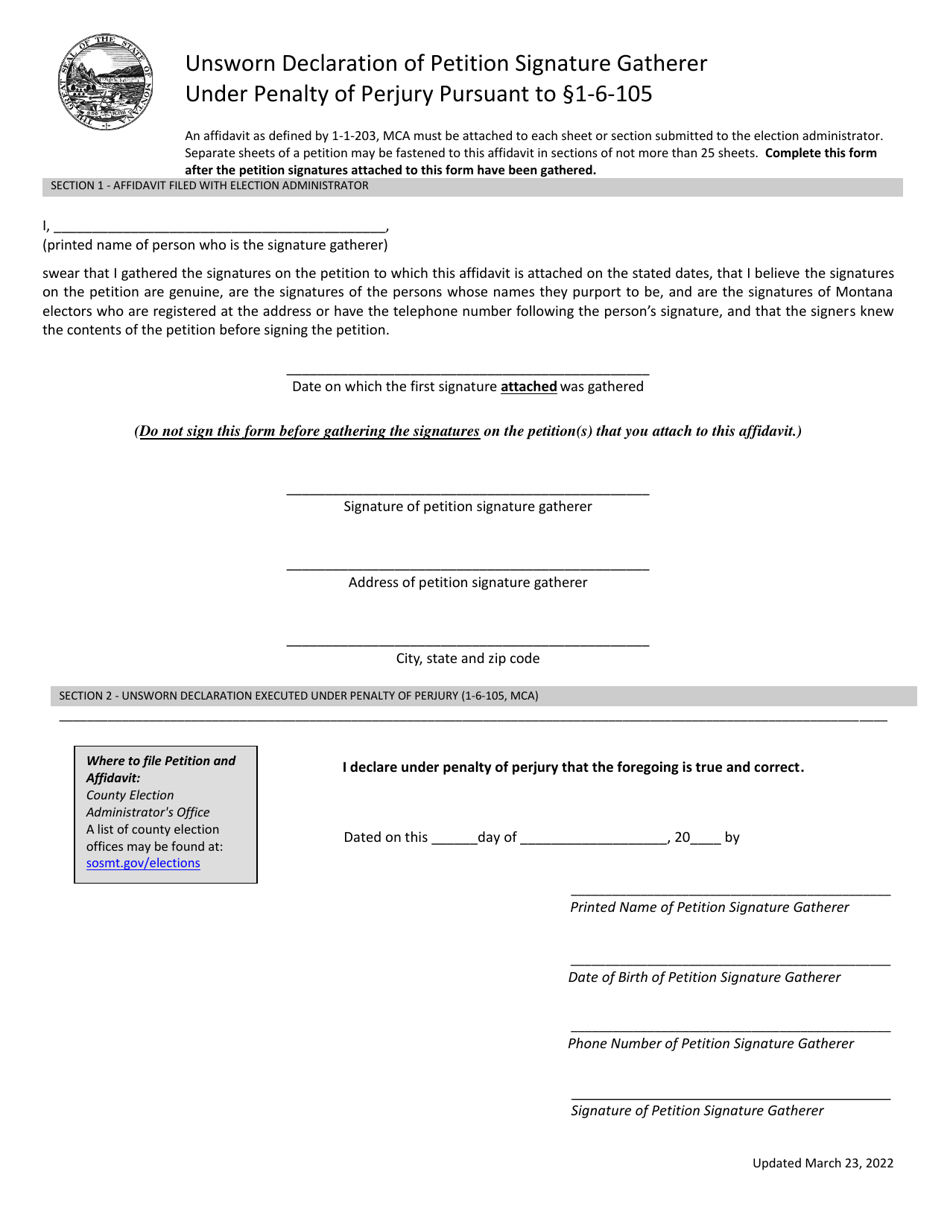 Montana Unsworn Declaration of Petition Signature Gatherer Under ...