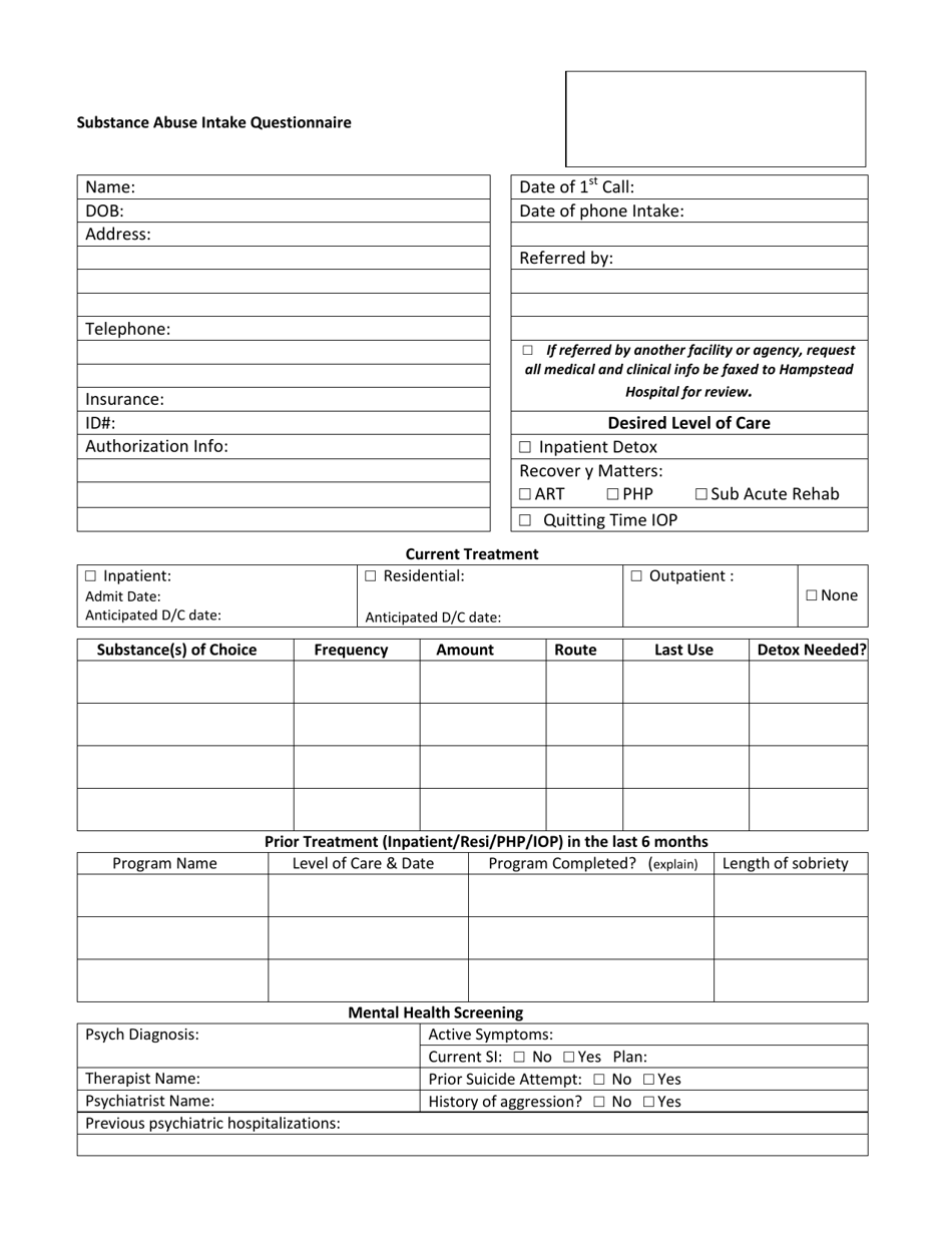 New Hampshire Substance Abuse Intake Questionnaire - Fill Out, Sign ...
