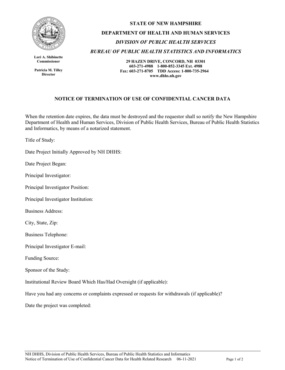 New Hampshire Notice of Termination of Use of Confidential Cancer Data ...